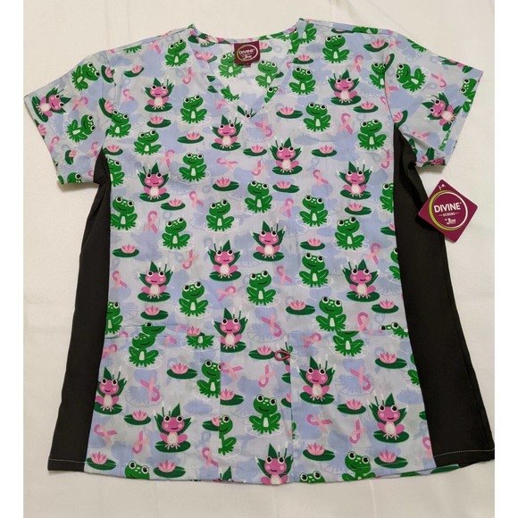 Tops | Size L Large New Green Frog Pink Breast Cancer Scrub Top Uniform ...
